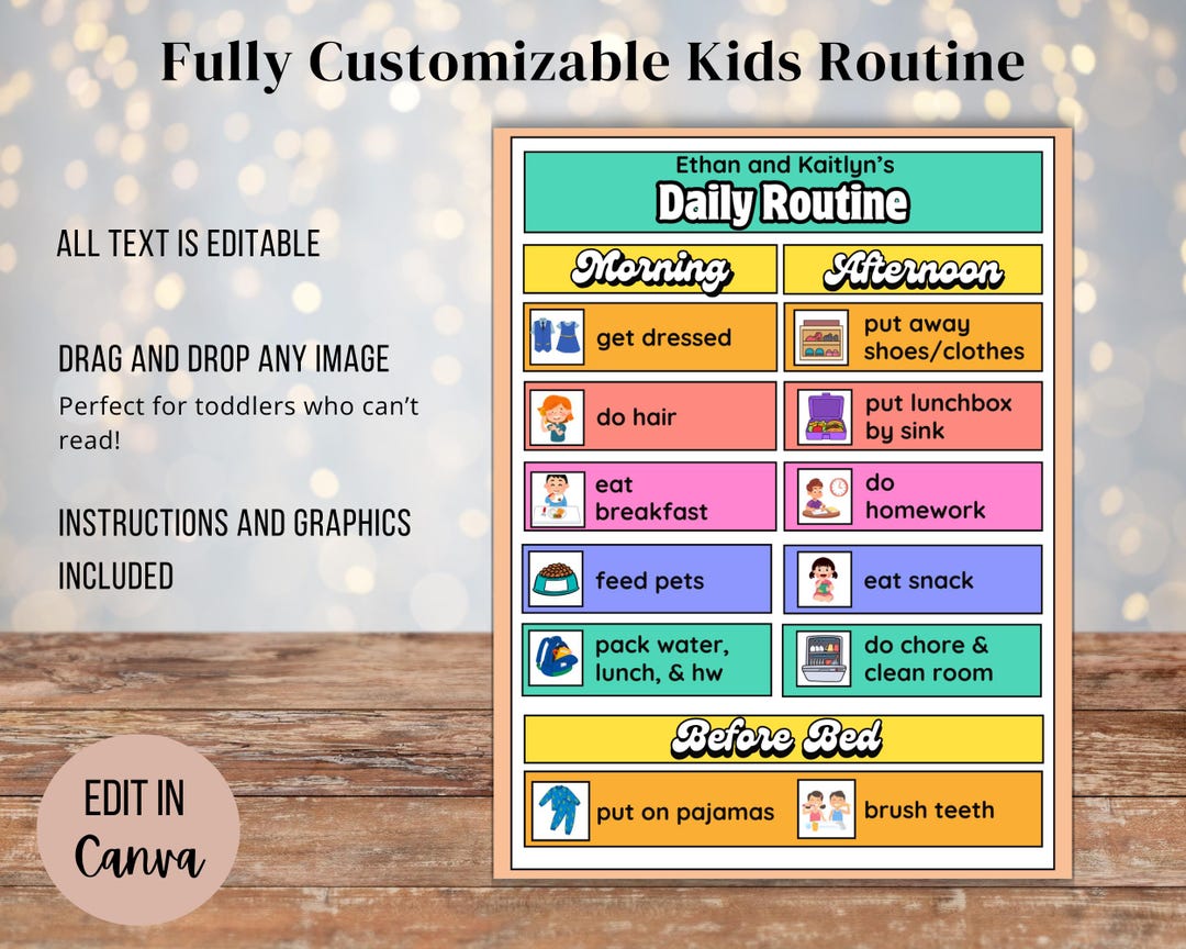 Customizable Kids Routine Printable for Back to School. Daily Chore ...