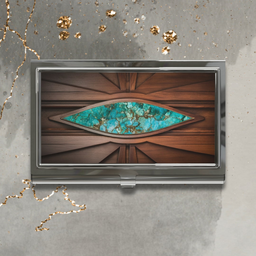 Turquoise Inlay Wood Print Business Card Holder With Velvet-like ...