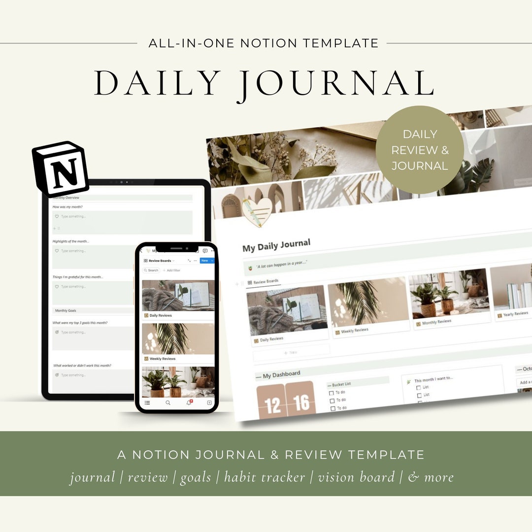 Digital Notion Daily Review & Reflection Journal Template - Etsy