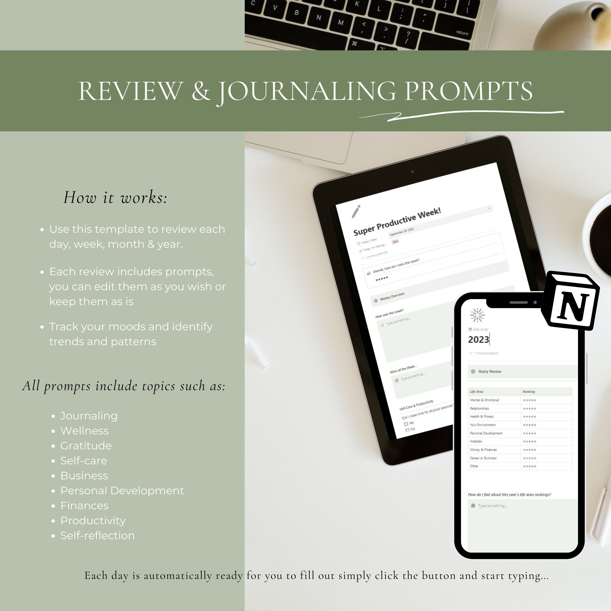 Digital Notion Daily Review & Reflection Journal Template - Etsy