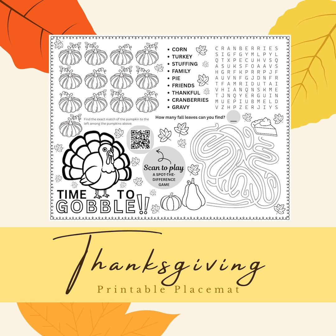 Thanksgiving Kids Placemat | Printable Games & QR Code (PDF) - Etsy
