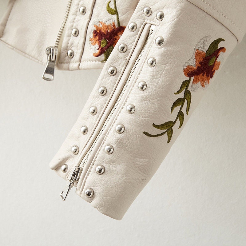 Women Retro Floral Print Embroidery Faux Soft Leather Jacket - Etsy