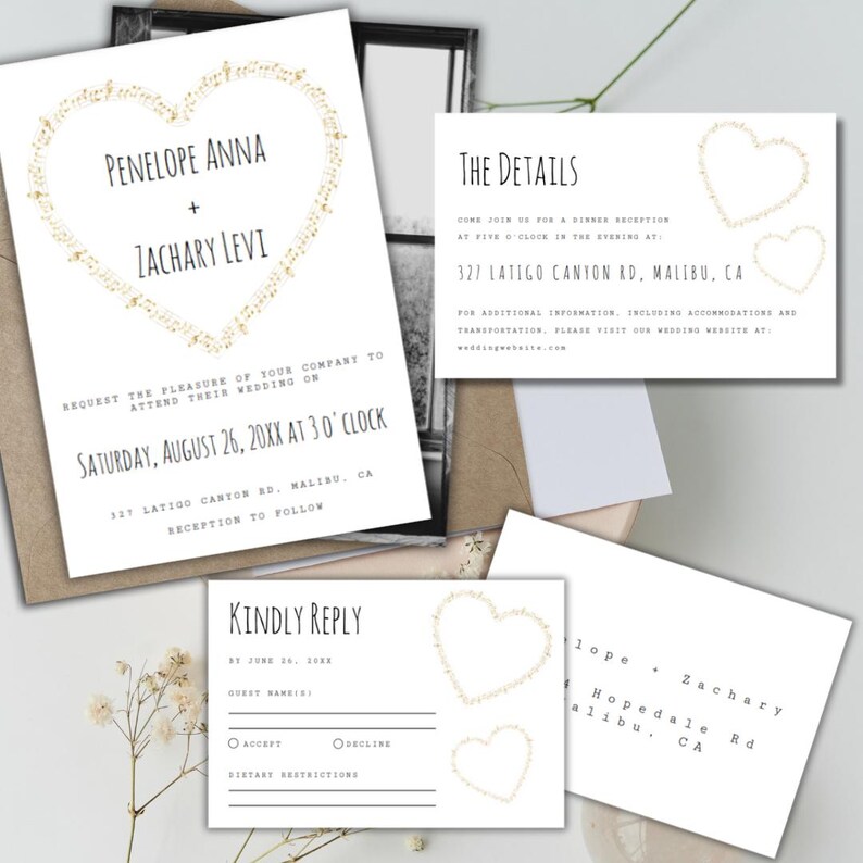 Music Notes Wedding Invitation Template, Editable Floral Wedding Invite ...