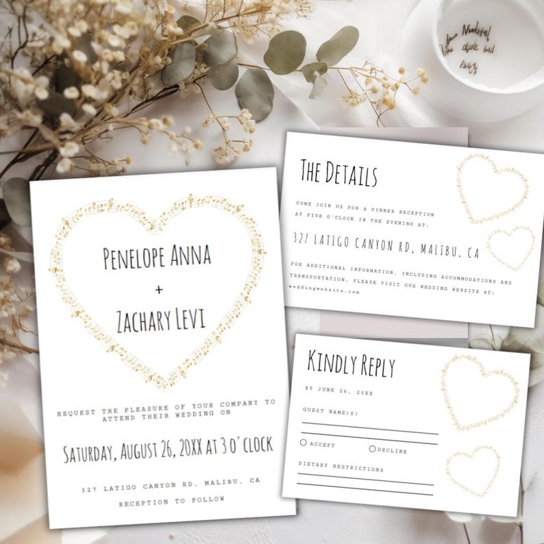 Music Notes Wedding Invitation Template, Editable Floral Wedding Invite ...