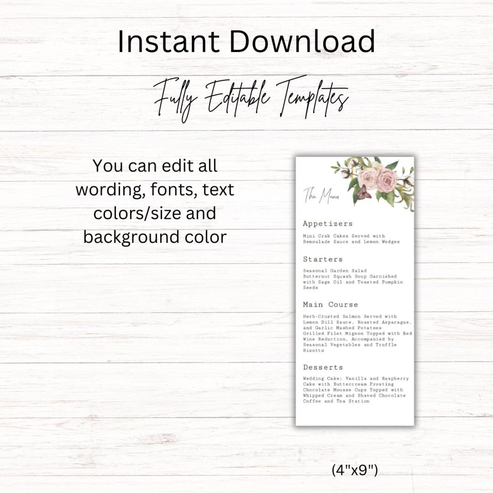 4x9 Wedding Menu Template, Minimalist Wedding Dinner Menu, Printable ...