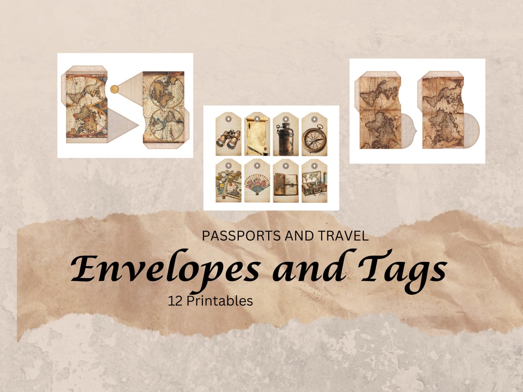 Passports and Travel Junk Journal Tags and Mini Envelopes, Vintage ...