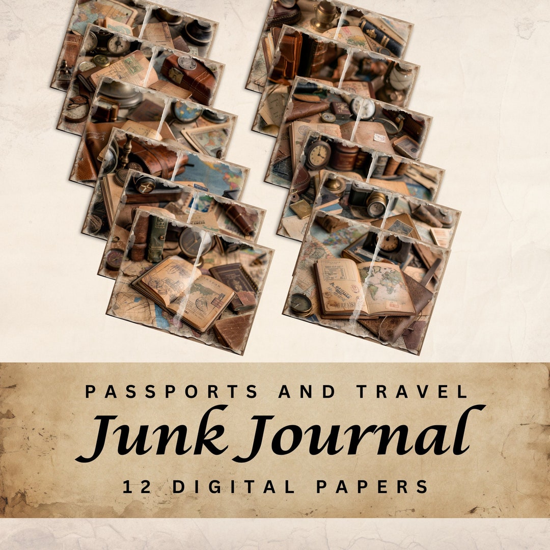 Passports and Travel Junk Journal Digital Paper, 12 Journal Pages ...