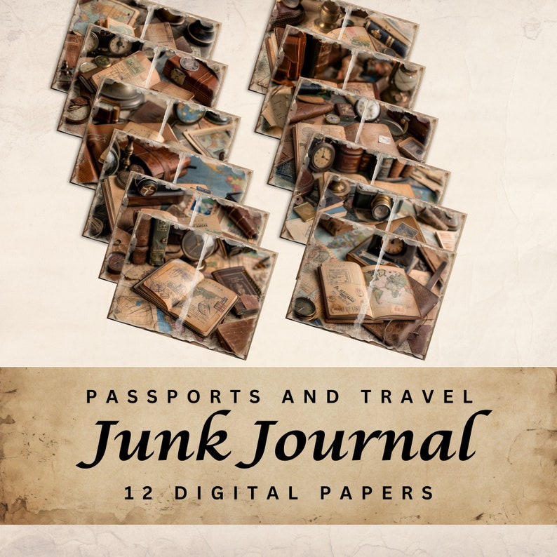 Passports and Travel Junk Journal Digital Paper, 12 Journal Pages ...