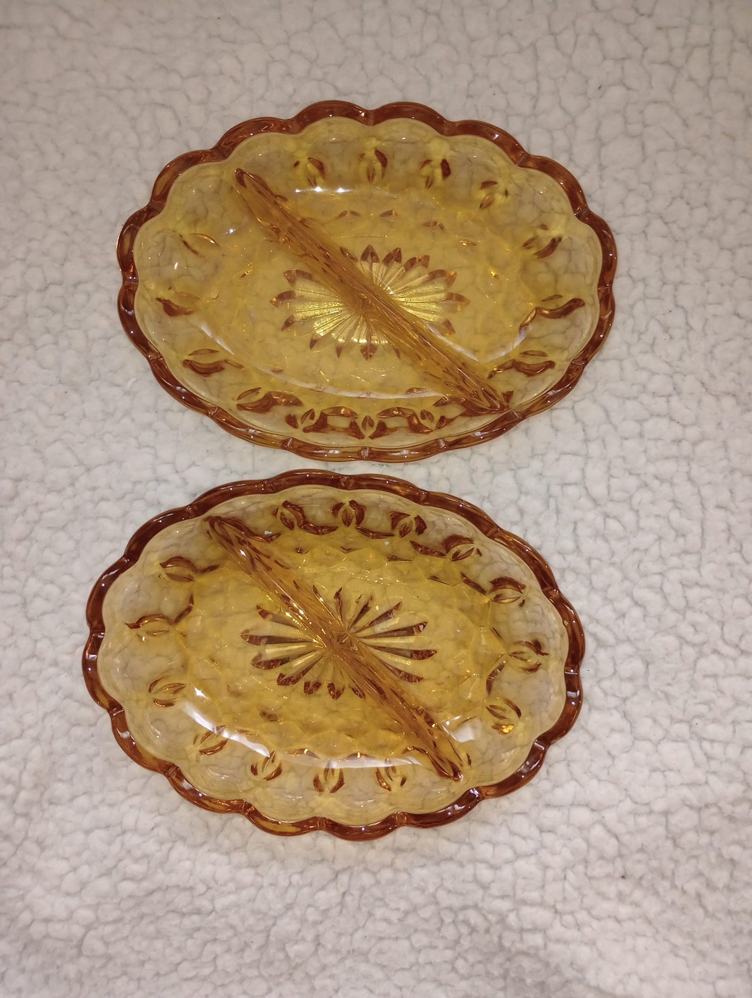 Vintage Indiana Glass Amber Thumbprint Oval Candy Nut Relish Dish - Set ...