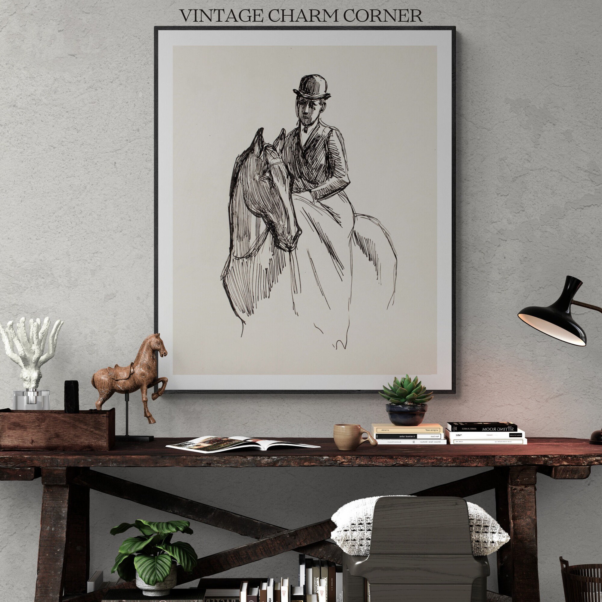 Elegant Equestrian Line Drawing, Horse and Rider Illustration, Detailed ...