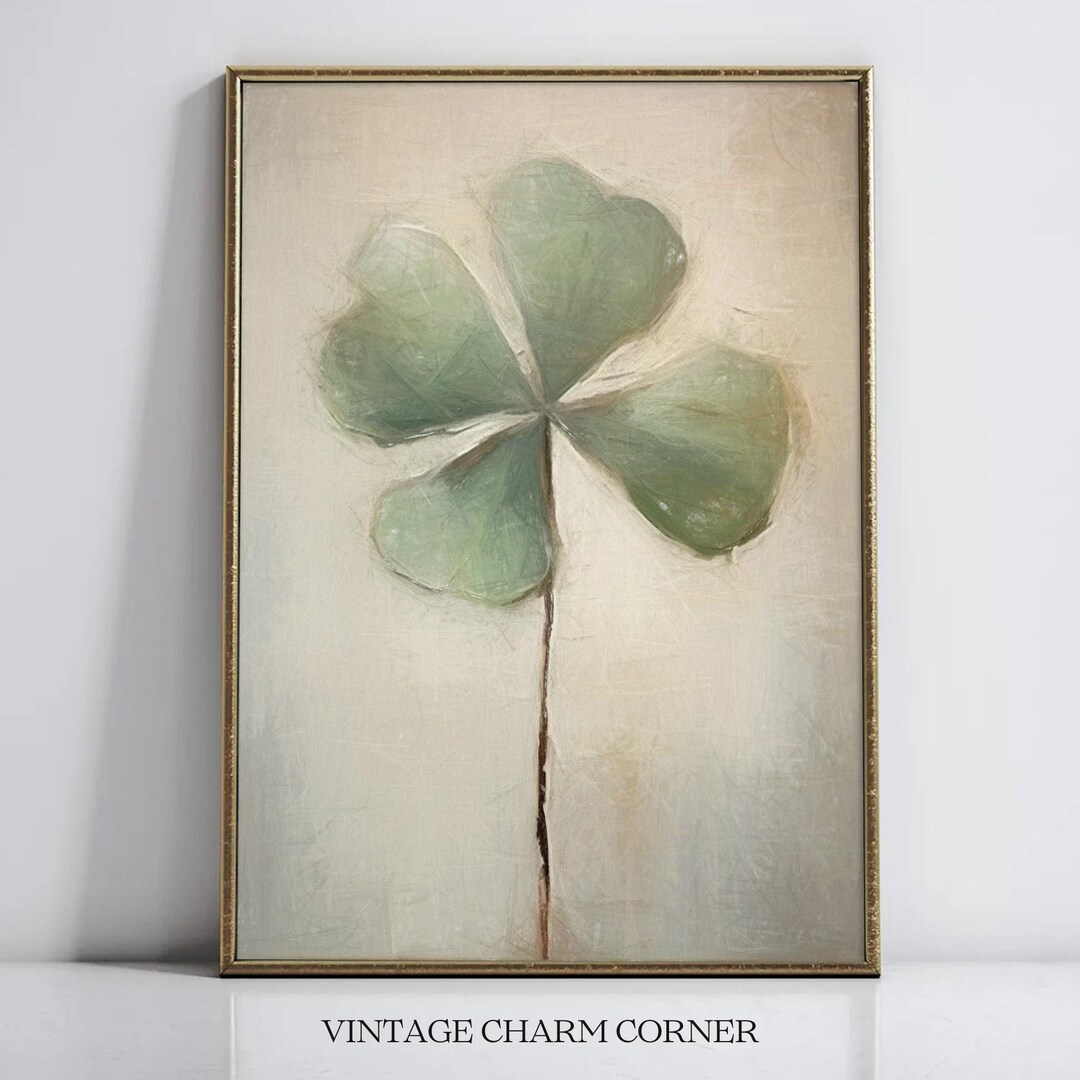 Rustic Four-leaf Clover Print, Green Leaves on Neutral Background ...
