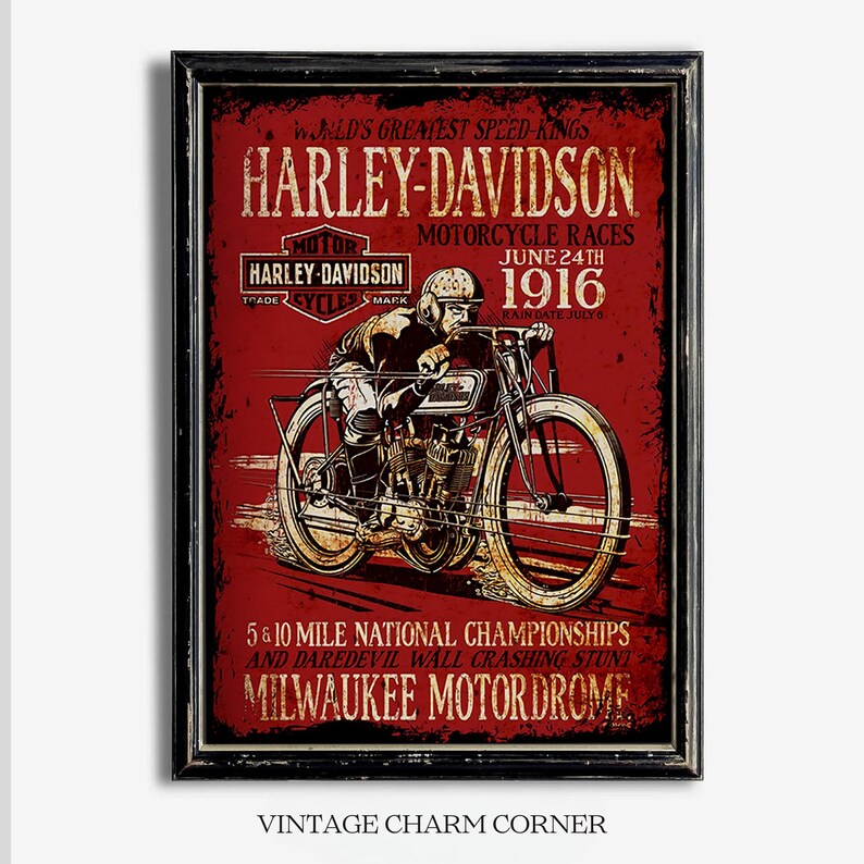 Vintage Harley Davidson Motorcycle Race Poster 1916 Milwaukee ...