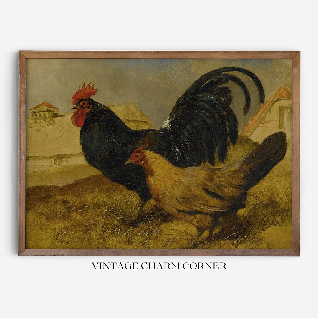 Rustic Farmhouse Rooster & Hen Painting, the Farm Yarders, Black ...