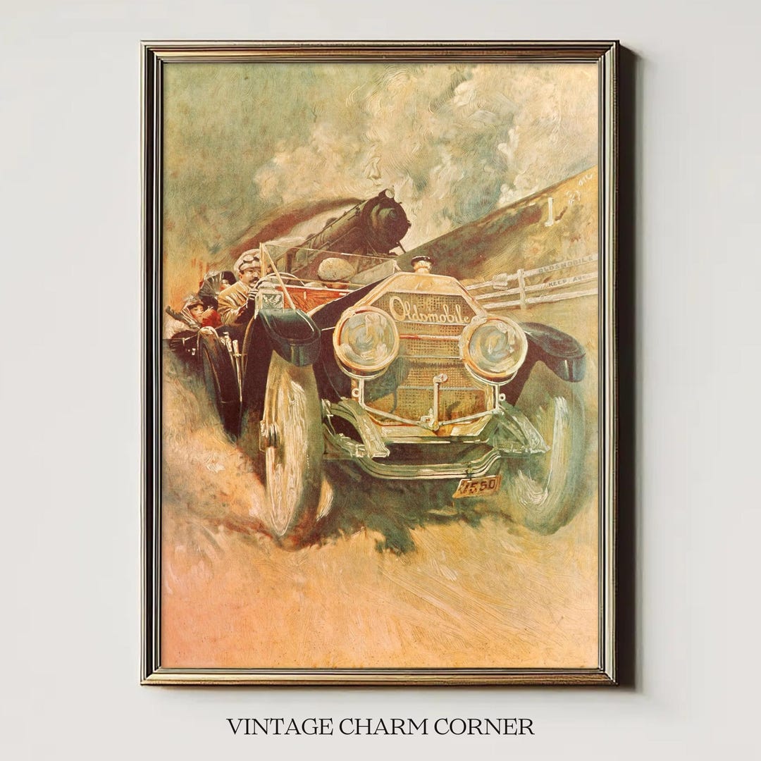 Vintage Oldsmobile Car Art Print Racing Train Antique Auto Illustration ...