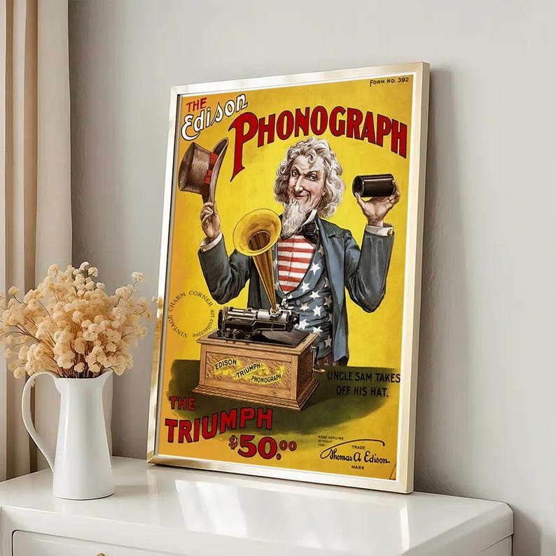 Vintage Edison Phonograph Print Uncle Sam Wall Art Antique Music Poster ...