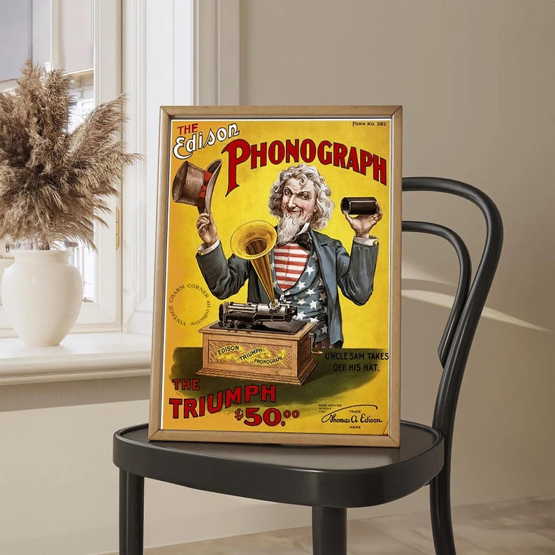 Vintage Edison Phonograph Print Uncle Sam Wall Art Antique Music Poster ...