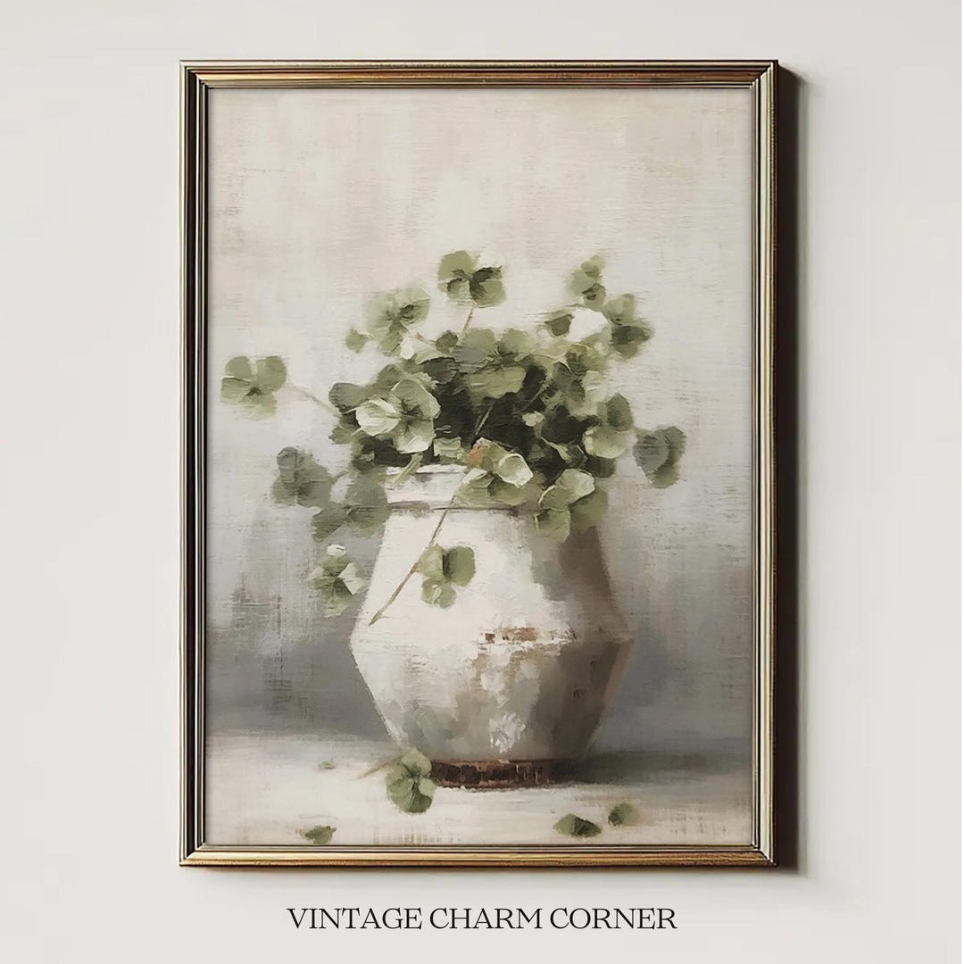 Still Life Irish Clover Print, White Vase With Green Foliage, Rustic ...