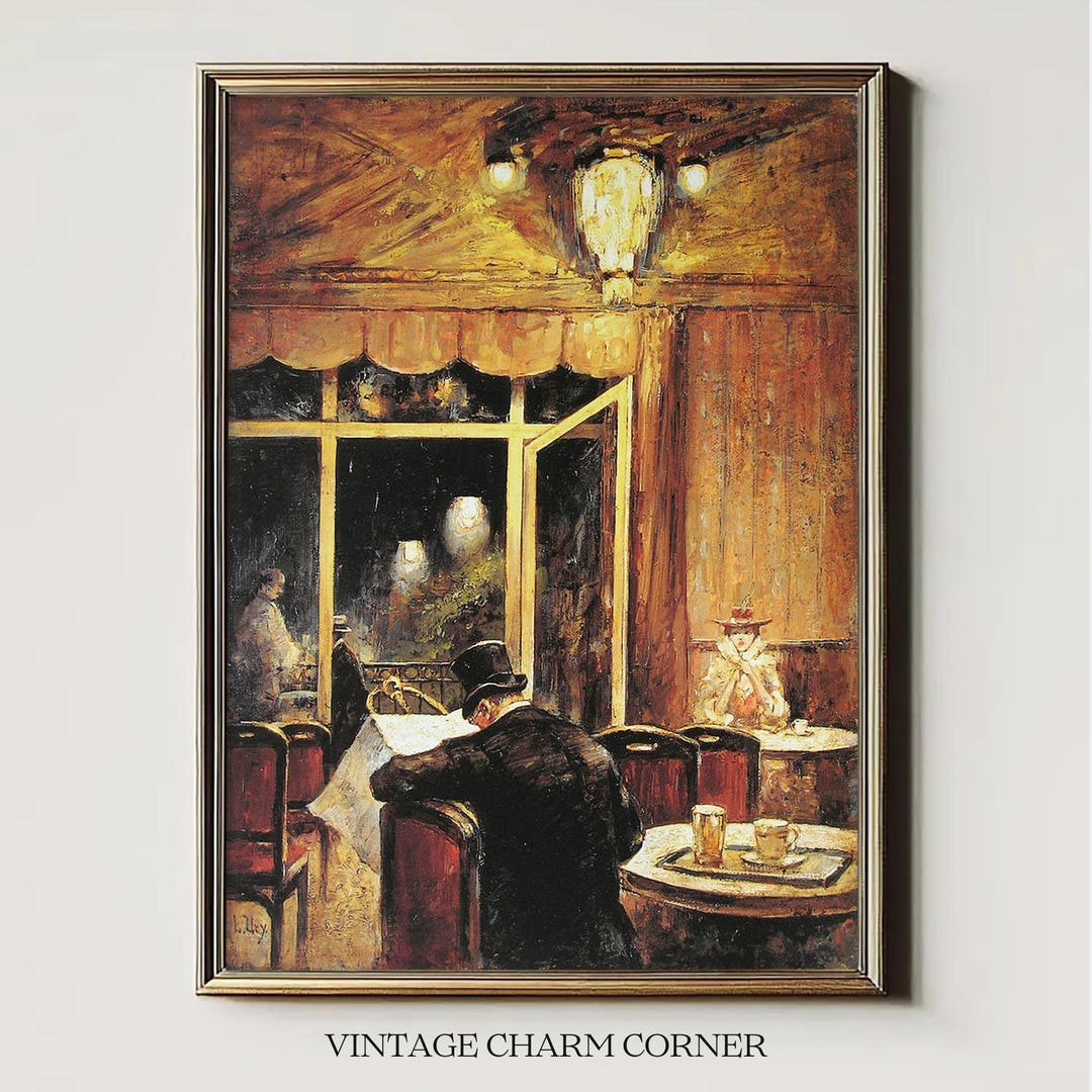 Vintage Cafe Night Scene Art Print Parisian Bar Wall Decor Moody ...