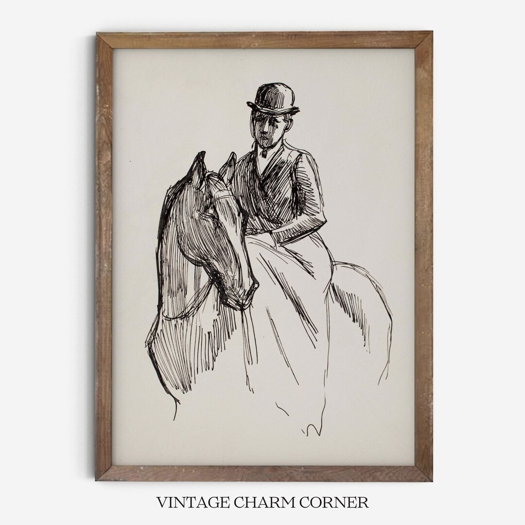Elegant Equestrian Line Drawing, Horse and Rider Illustration, Detailed ...