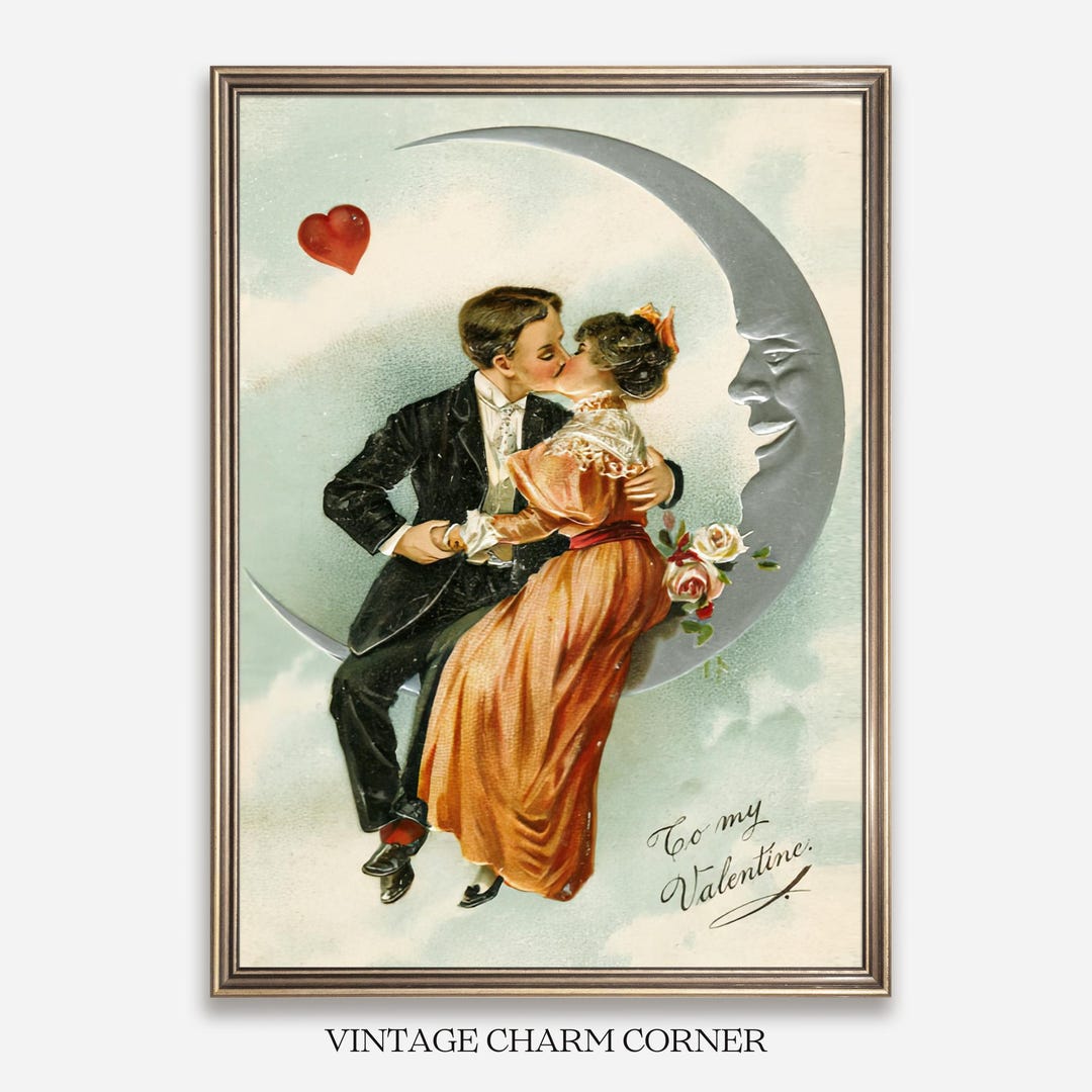 Vintage Valentine’s Day Card Poster, Romantic Crescent Moon Couple With ...