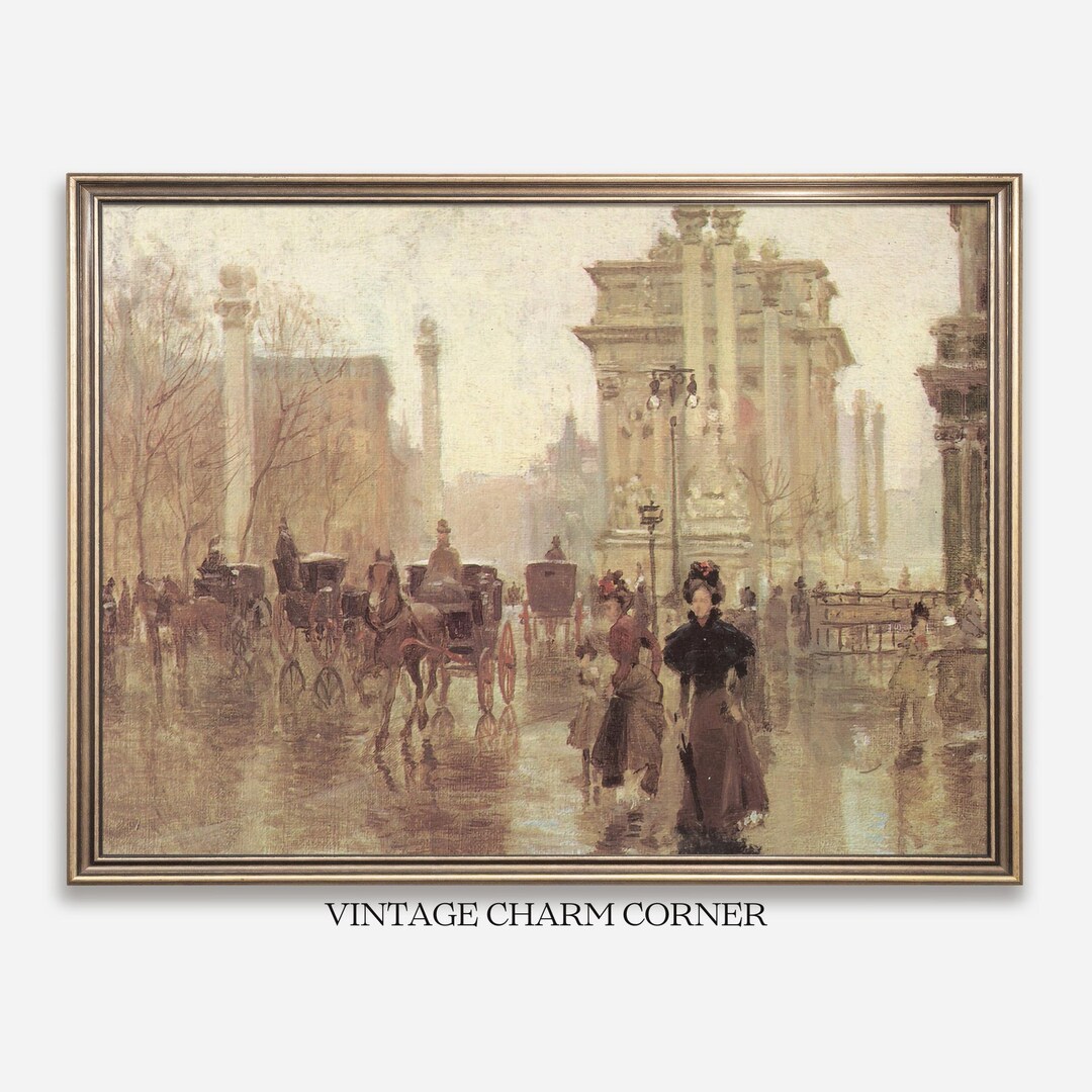 Victorian Cityscape Wall Art Print, Rainy Day Street Scene With People ...