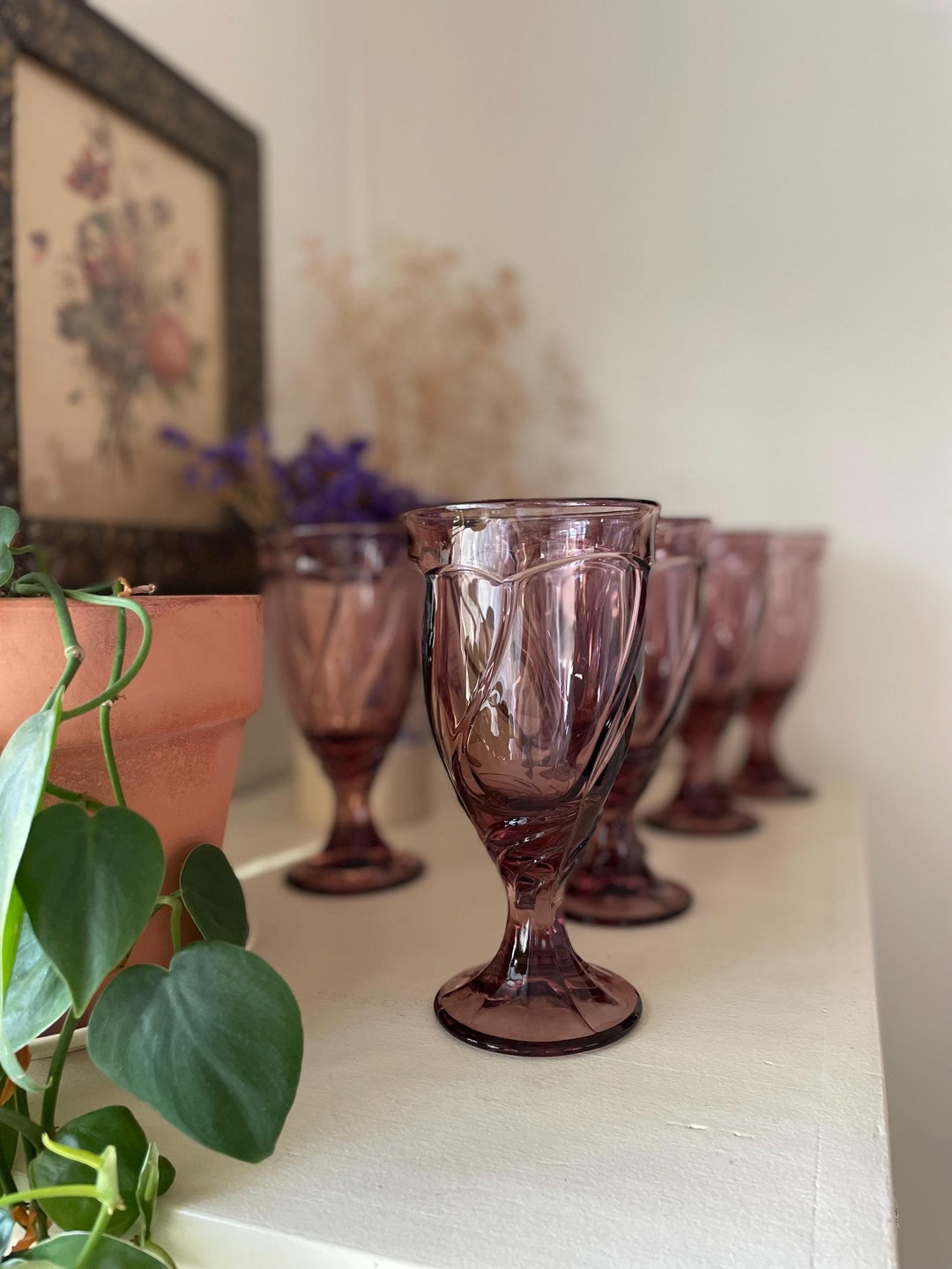 5 Vintage Purple Water Goblets Water Goblet Sweet Swirl Cranberry by ...