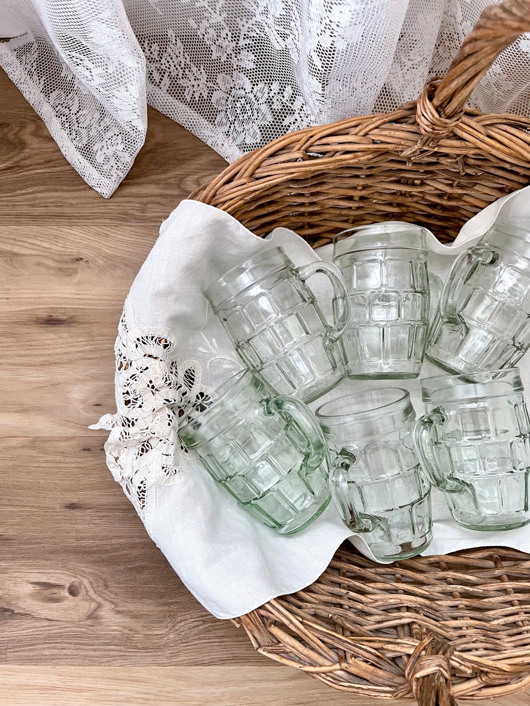 6 Vintage Barrel Mugs - Light Green Glass Mugs - Beer Barrel Mugs ...