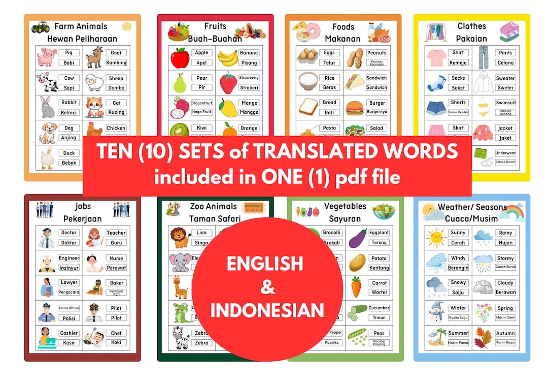 English-indonesian Words Printables [animals, Foods, Fruits, Vegetables ...