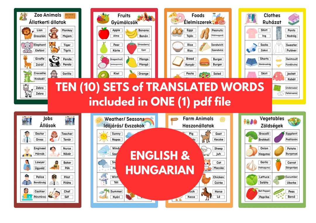 English-hungarian Words Printables [animals, Foods, Fruits, Vegetables ...