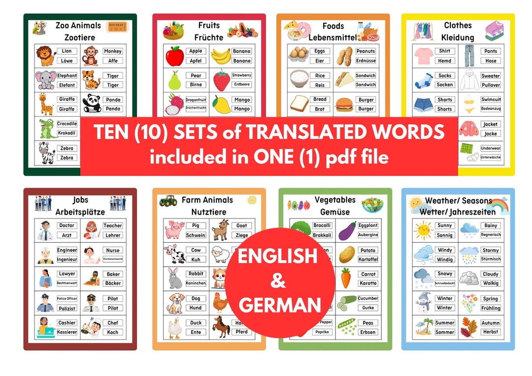 English-german Words Printables [animals, Foods, Fruits, Vegetables] - Etsy