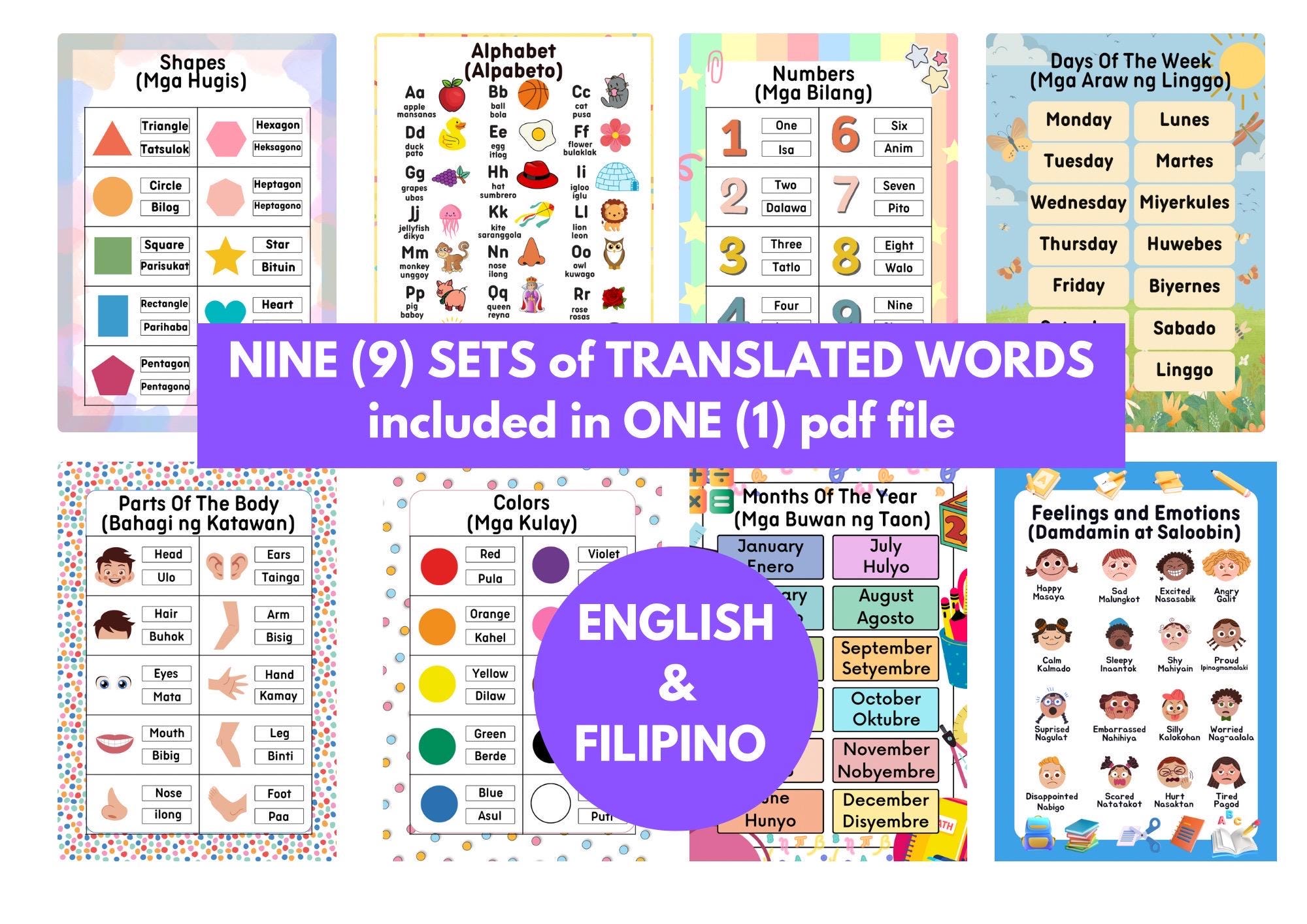 English-filipino Basic Word Translation Printables Learning Basic Words ...