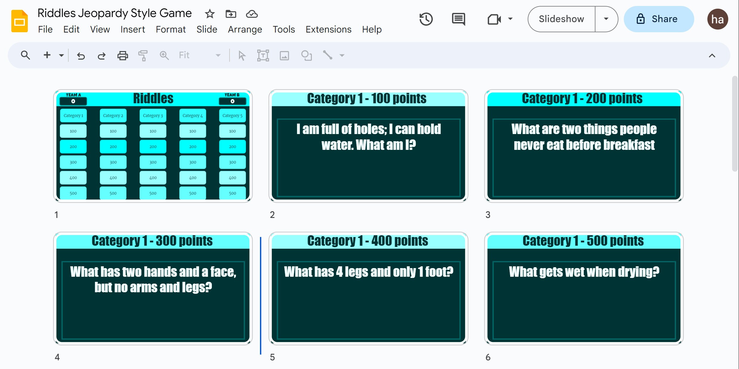 25 Kid Friendly Riddles Jeopardy Style Game - Customizable - Google ...