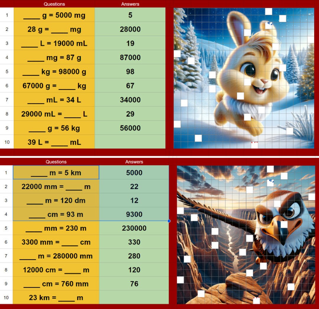 4th Grade Pixel Art Math Converting in Metric System for Google Sheets ...