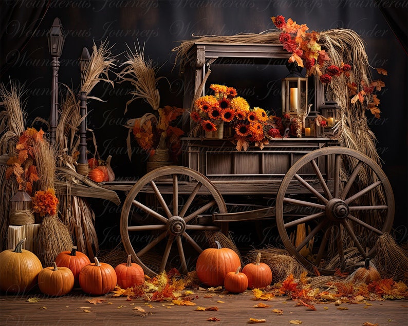 Autumn Digital Background, Orange Pumpkins, Carriage, Fall Digital ...