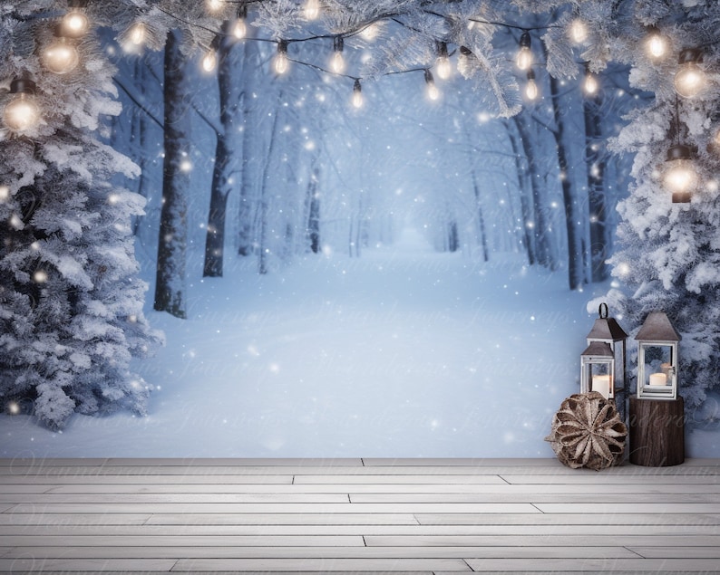 Snowy Digital Background , Christmas Lights, Digital Backdrop for ...