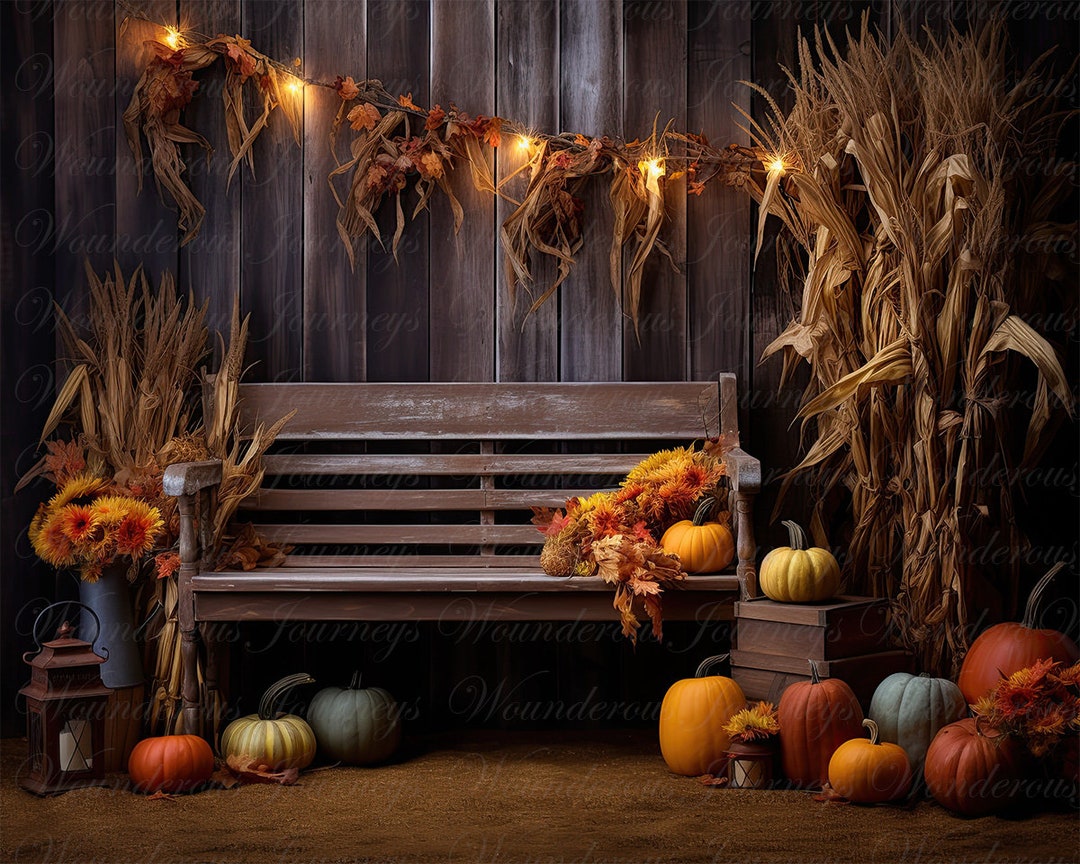 Autumn Digital Background, Orange Pumpkins, Bench, Fall Digital ...