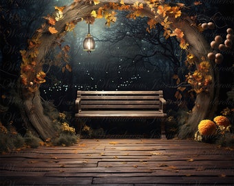 Autumn Digital Background, Orange Pumpkins, Bench, Fall Digital ...