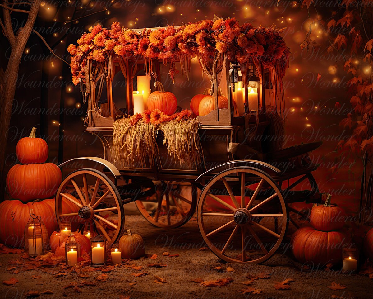 Autumn Digital Background, Orange Pumpkins, Carriage, Fall Digital ...