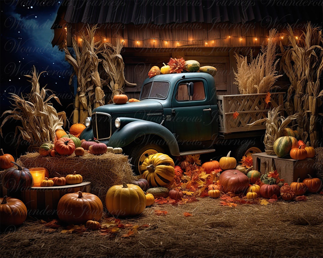 Autumn Digital Background, Orange Pumpkins, Truck, Fall Digital ...