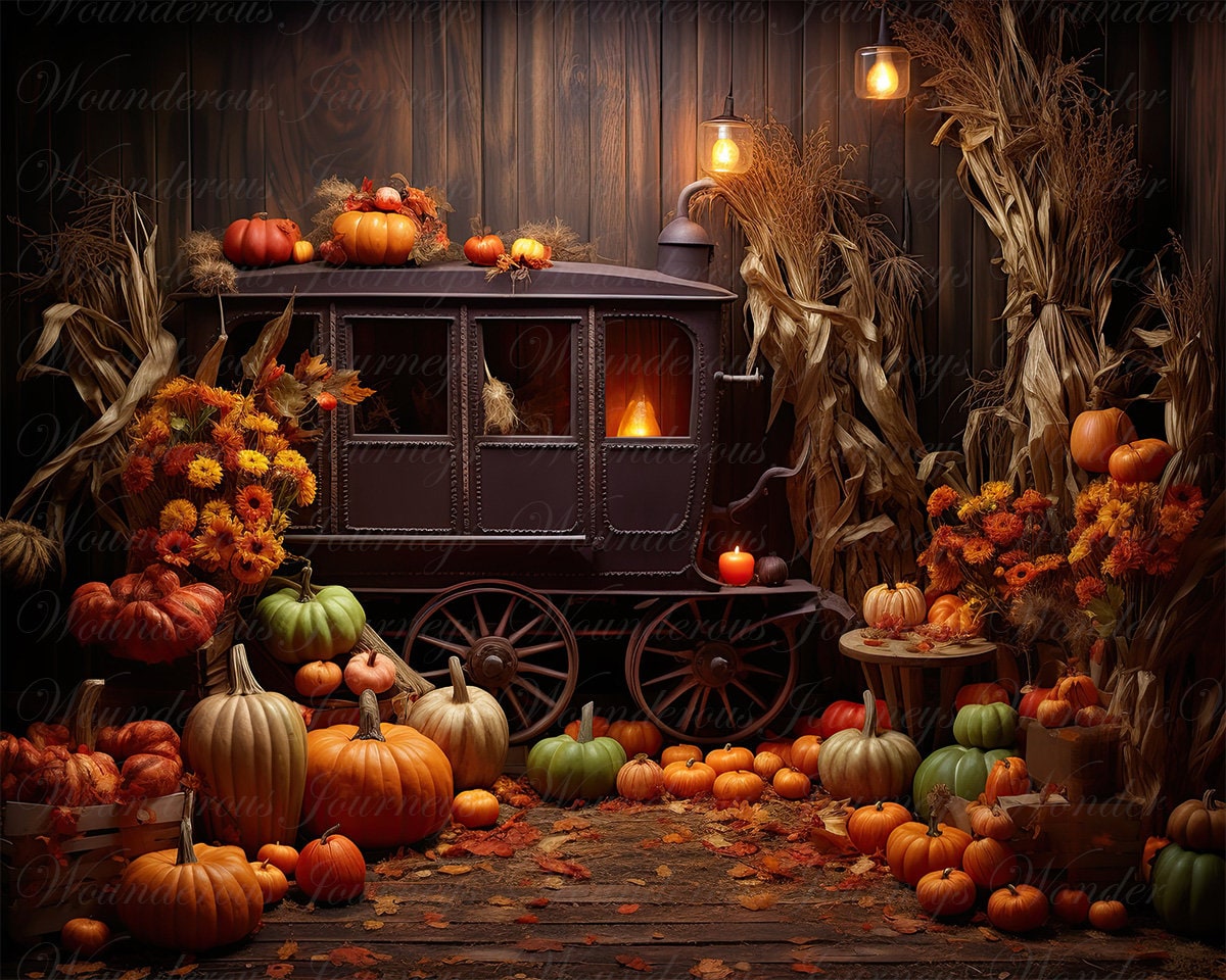 Autumn / Fall Digital Background. Digital Backdrop for Photography. Carriage With Pumpkins ...