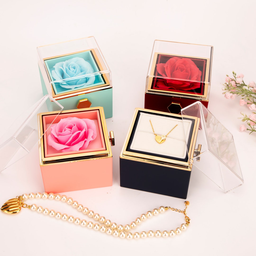 Rotating Rose Necklace Box, Handmade Eternal Rose Jewelry Box, Square ...