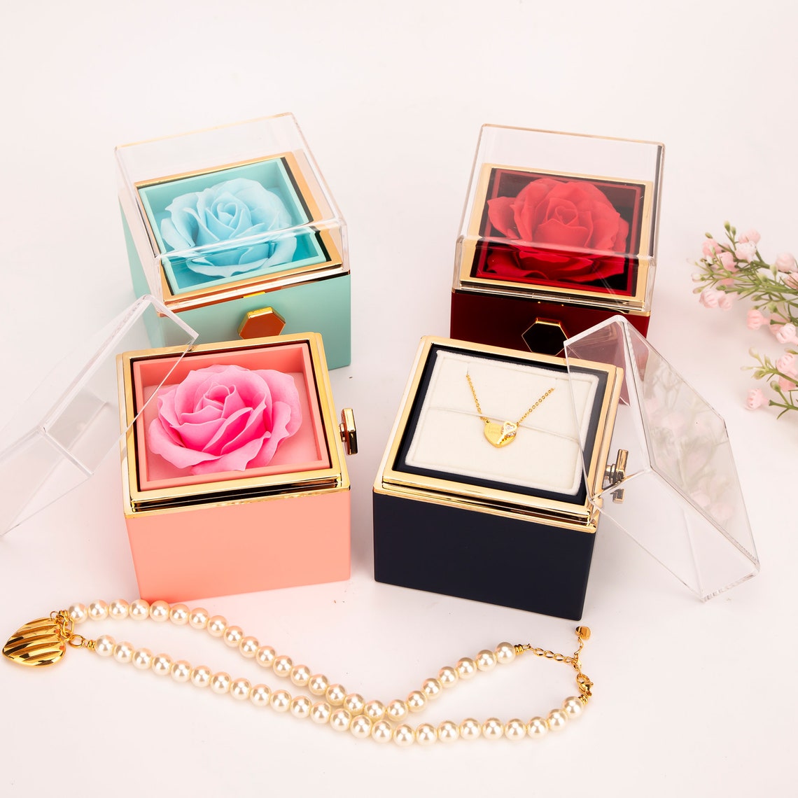 Rotating Rose Necklace Box, Handmade Eternal Rose Jewelry Box, Square ...