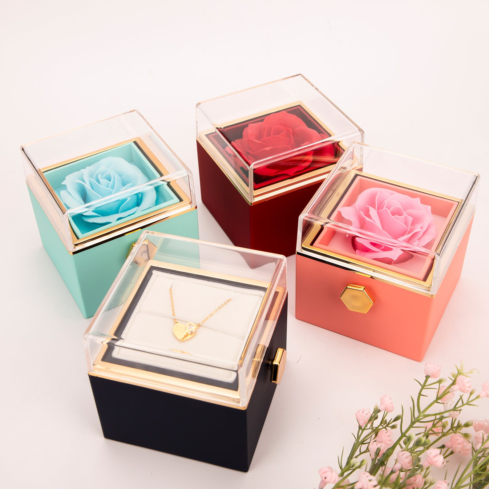 Rotating Rose Necklace Box, Handmade Eternal Rose Jewelry Box, Square ...
