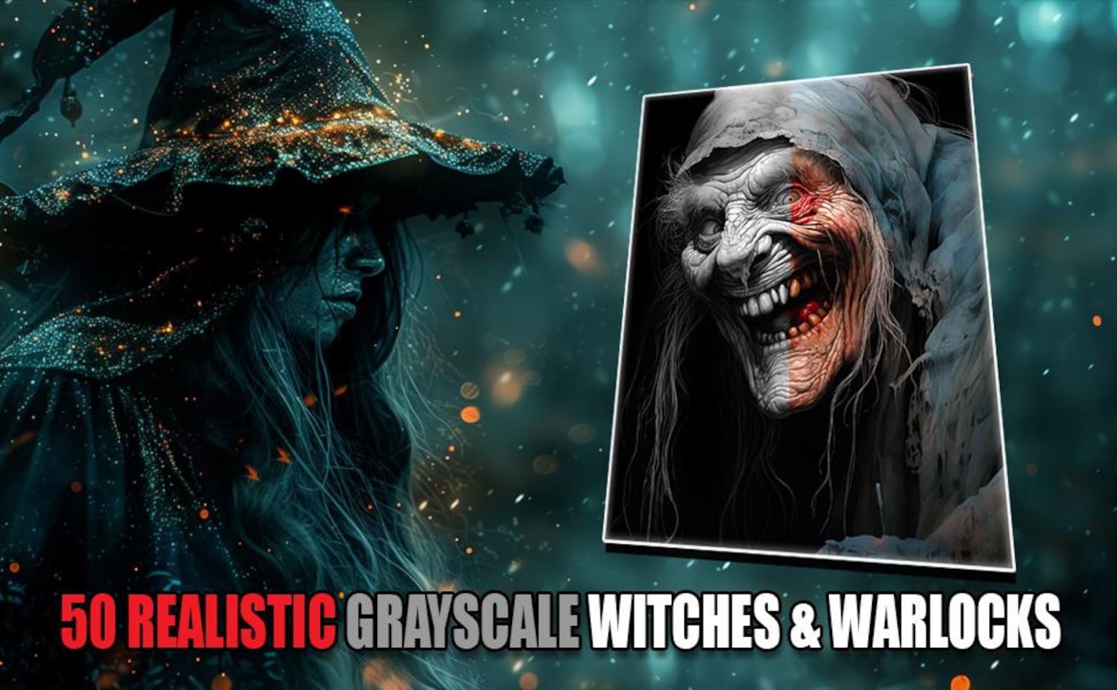 50 Witches & Warlocks - Grayscale Colored Pencil Coloring Book ...