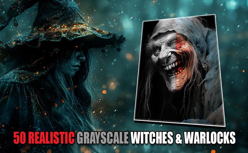 50 Witches & Warlocks - Grayscale Colored Pencil Coloring Book ...