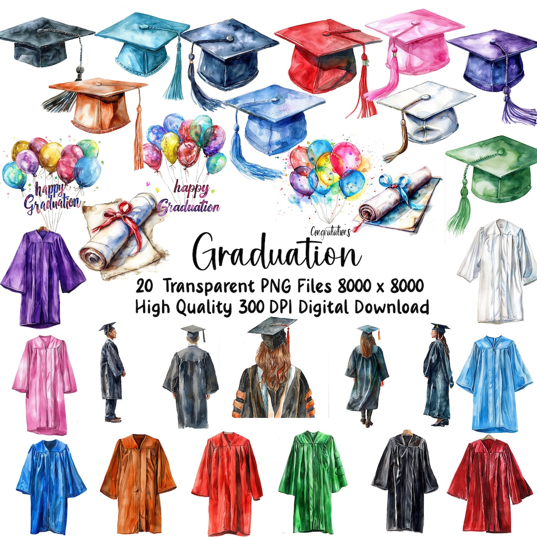 Watercolor Graduation Clipart: Caps, Gowns, Diplomas (PNG, Commercial ...