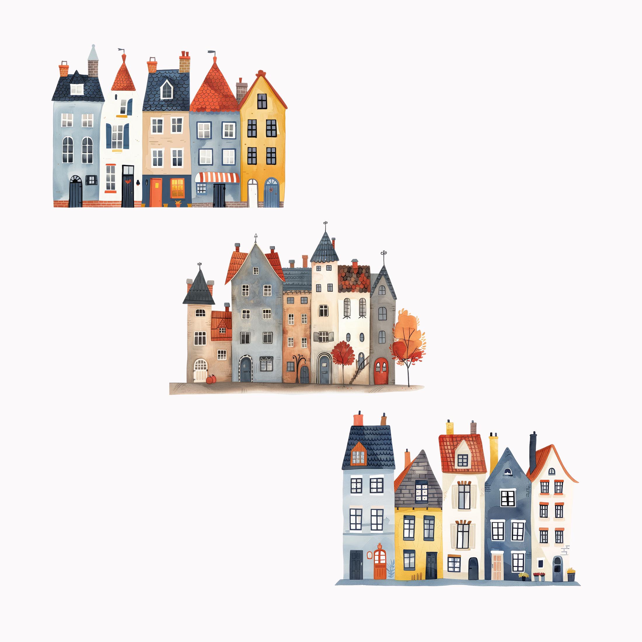 Whimsical Row Houses Watercolor Clipart: Chibi Homes (PNG, Instant ...