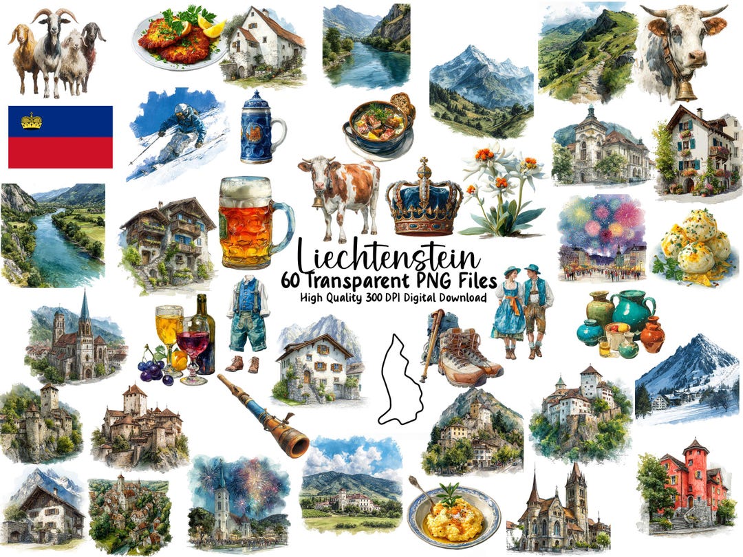 Liechtenstein Clipart | Watercolor Landmarks, Flag, Travel, Culture ...