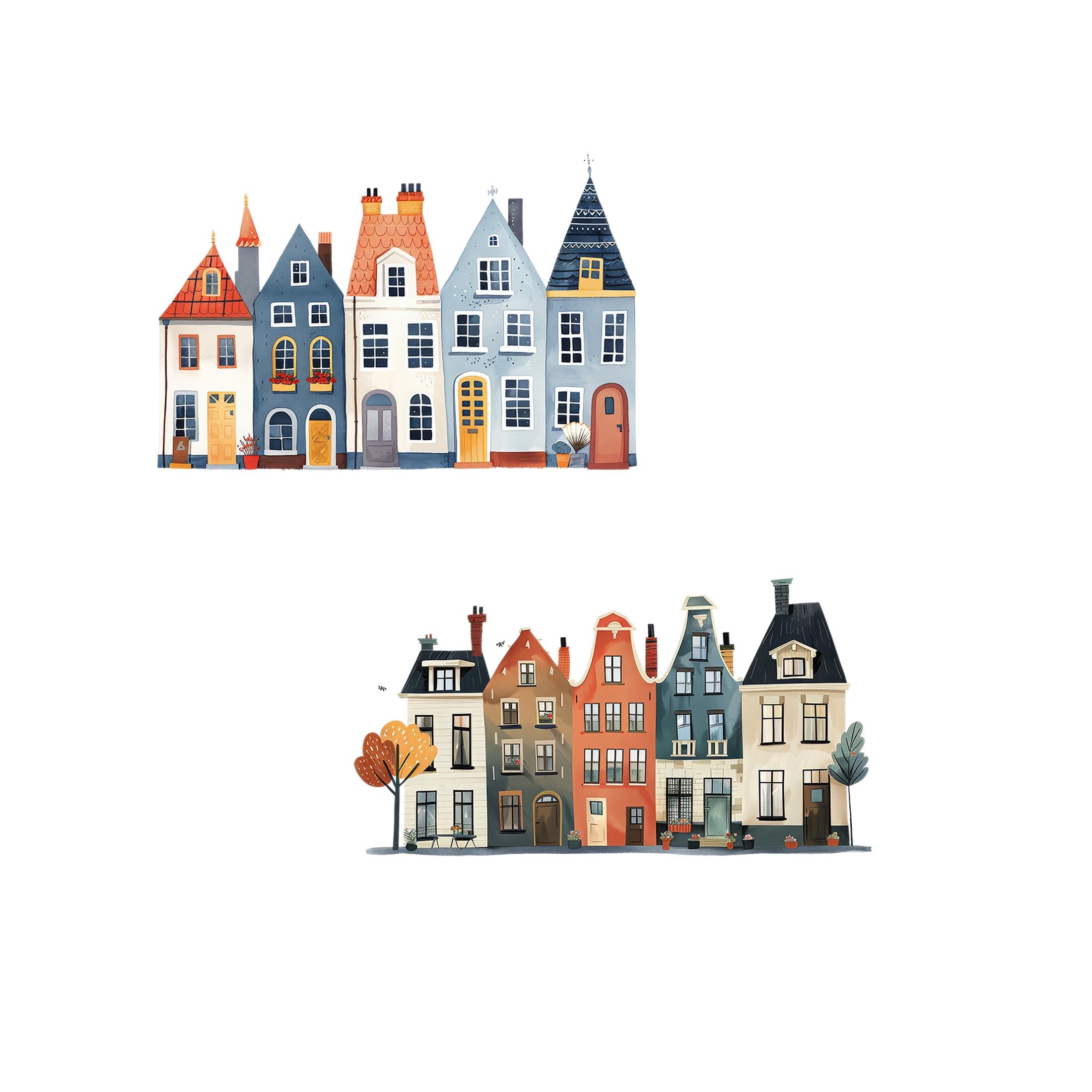 Whimsical Row Houses Watercolor Clipart: Chibi Homes (PNG, Instant ...