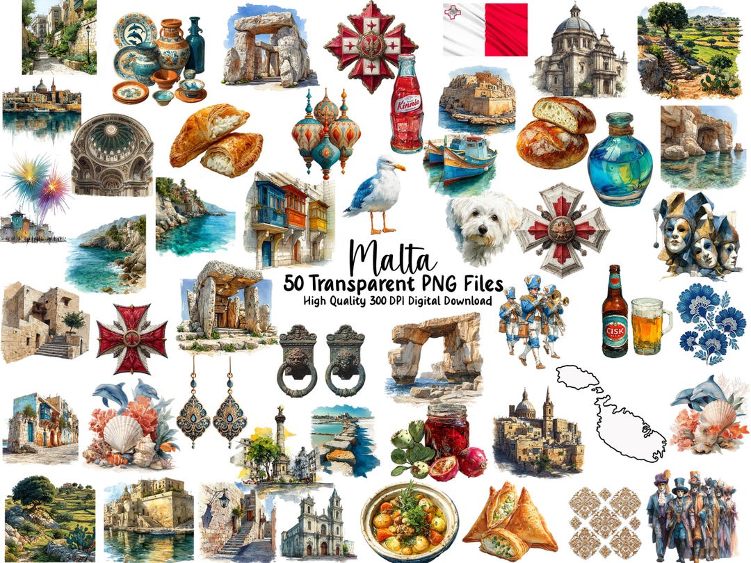 Watercolor Malta Clipart: Landmarks, Culture, Travel Icons (PNG Digital ...